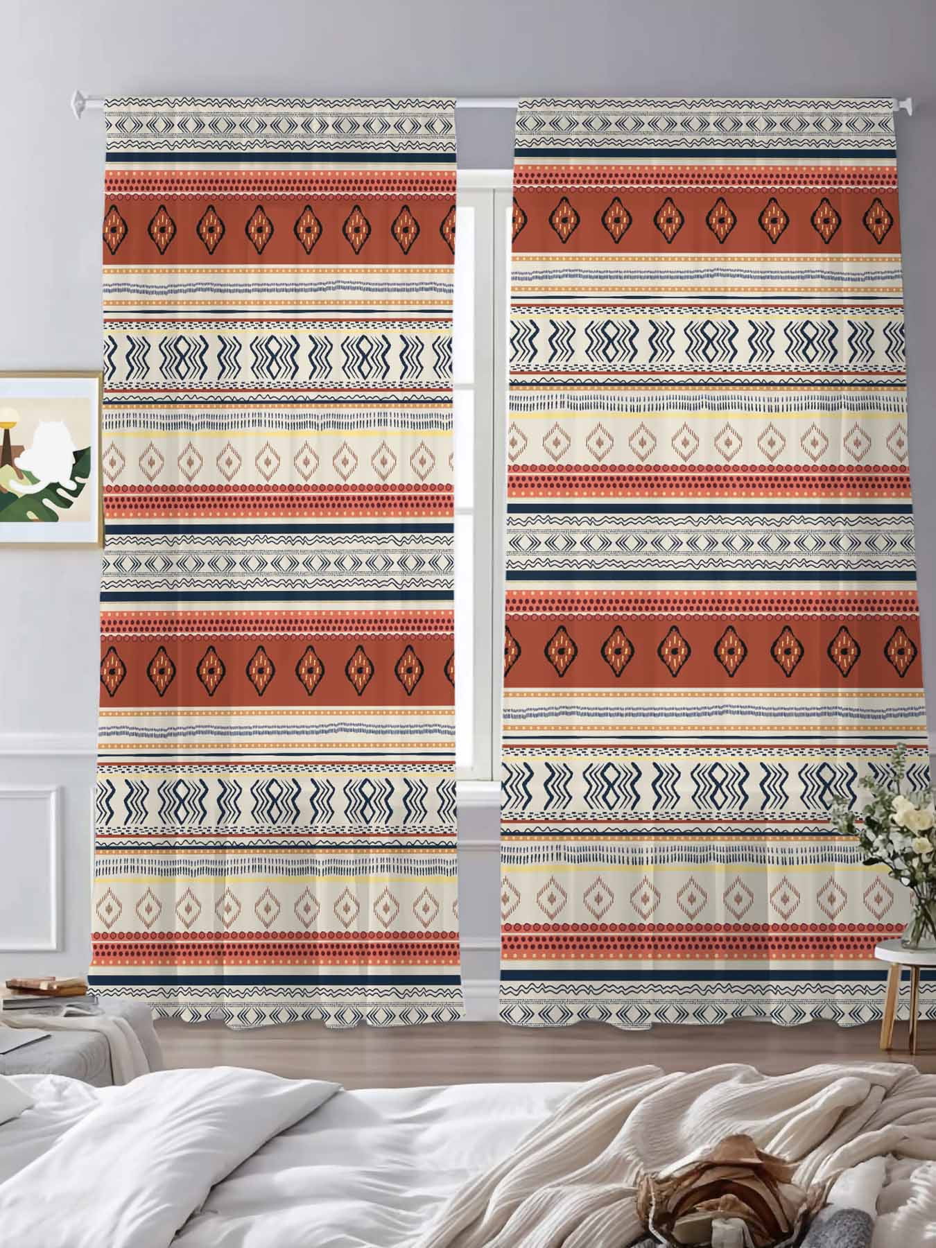 Boho Ethnic Sheer Curtains 96 inches Long 2 Panels Set Pastoral Style ...
