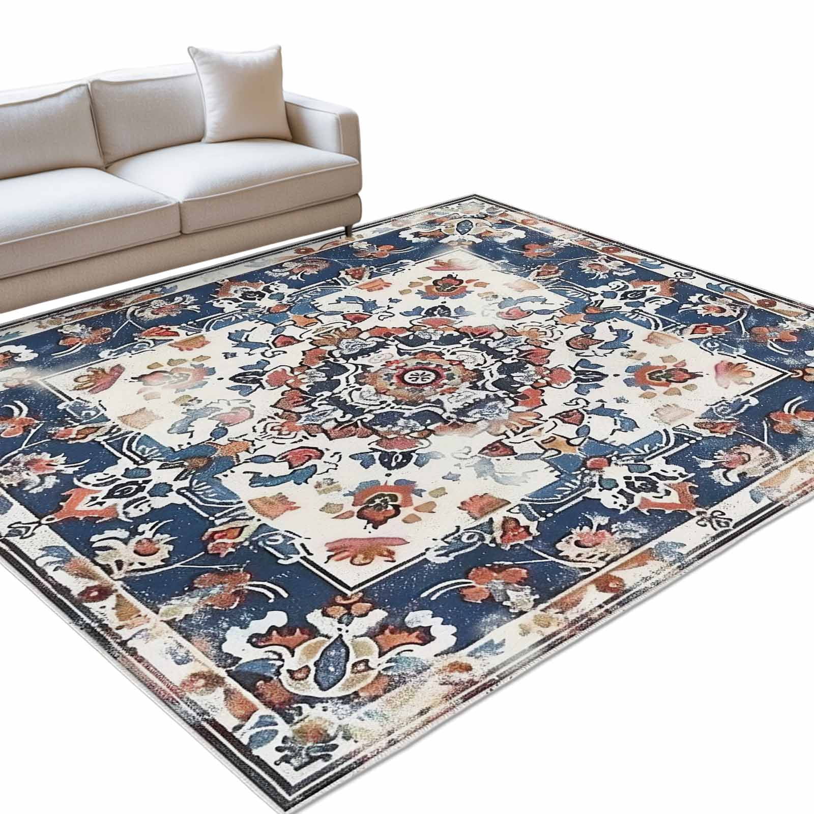 Boho Ethnic Style Area Rug, Retro Floral Texture Non-Slip Felt Rubber ...