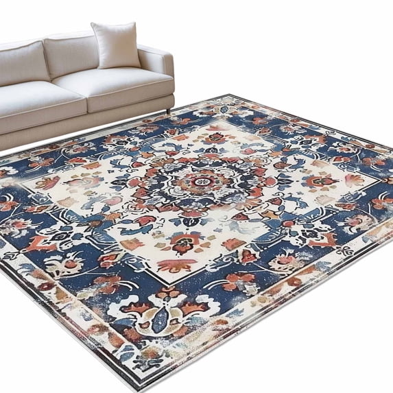 Boho Ethnic Style Area Rug, Retro Floral Texture Non-Slip Felt Rubber ...
