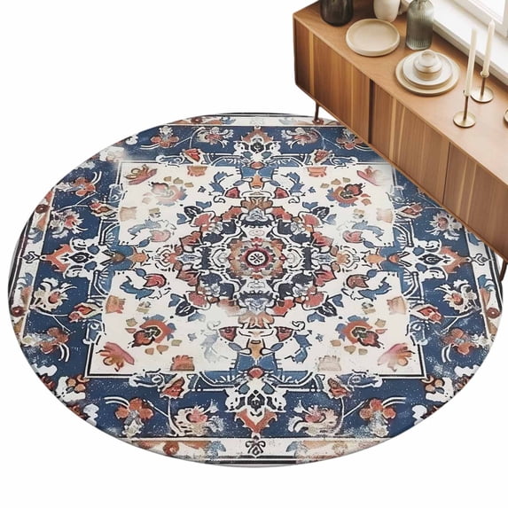 Boho Ethnic Style Area Rug, Retro Floral Texture Non-Slip Felt Rubber ...