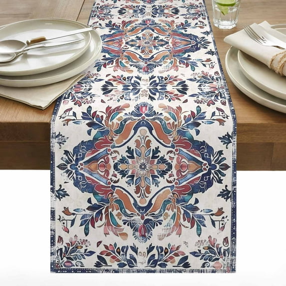 Boho Ethnic Style Table Runner 13x72 inch Retro Leaves Texture Cotton ...