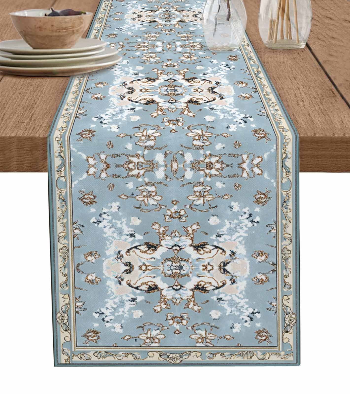 Boho Ethnic Table Runner 72 Inches, Blue Farmhouse Abstract Geometric ...