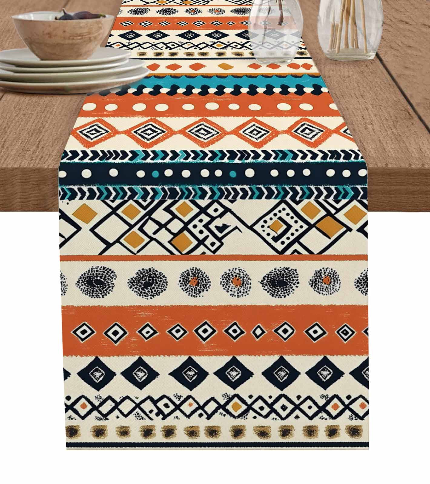 Boho Ethnic Table Runner 72 Inches, Farmhouse Colorful Geometric ...