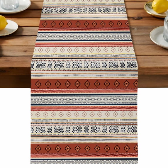 Boho Ethnic Table Runner, Pastoral Style Lines Geometric Cotton Linen ...