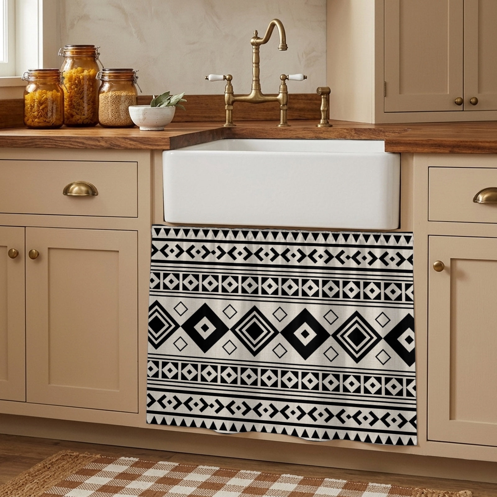 Boho Ethnic Tribe Small Cabinet Curtains 10"W x 11"L, Beige Zen ...