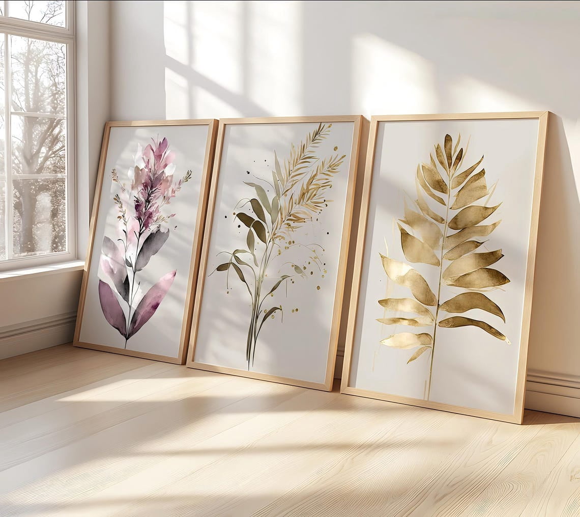 Boho Eucalyptus Leaves Pampas Grass Wall Art Set of Leaf Illustrations ...