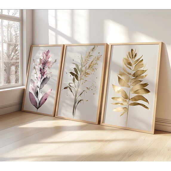Boho Eucalyptus Leaves Pampas Grass Wall Art Set of Leaf Illustrations ...