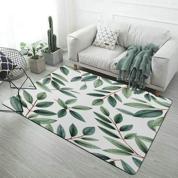 Boho Eucalyptus Leaves Pattern White Background (4) Carpet Living Room Sofa Non-Slip Wear ...