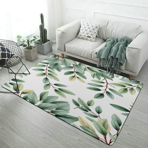 Boho Eucalyptus Leaves Pattern White Background Rug Non-Slip Floor ...