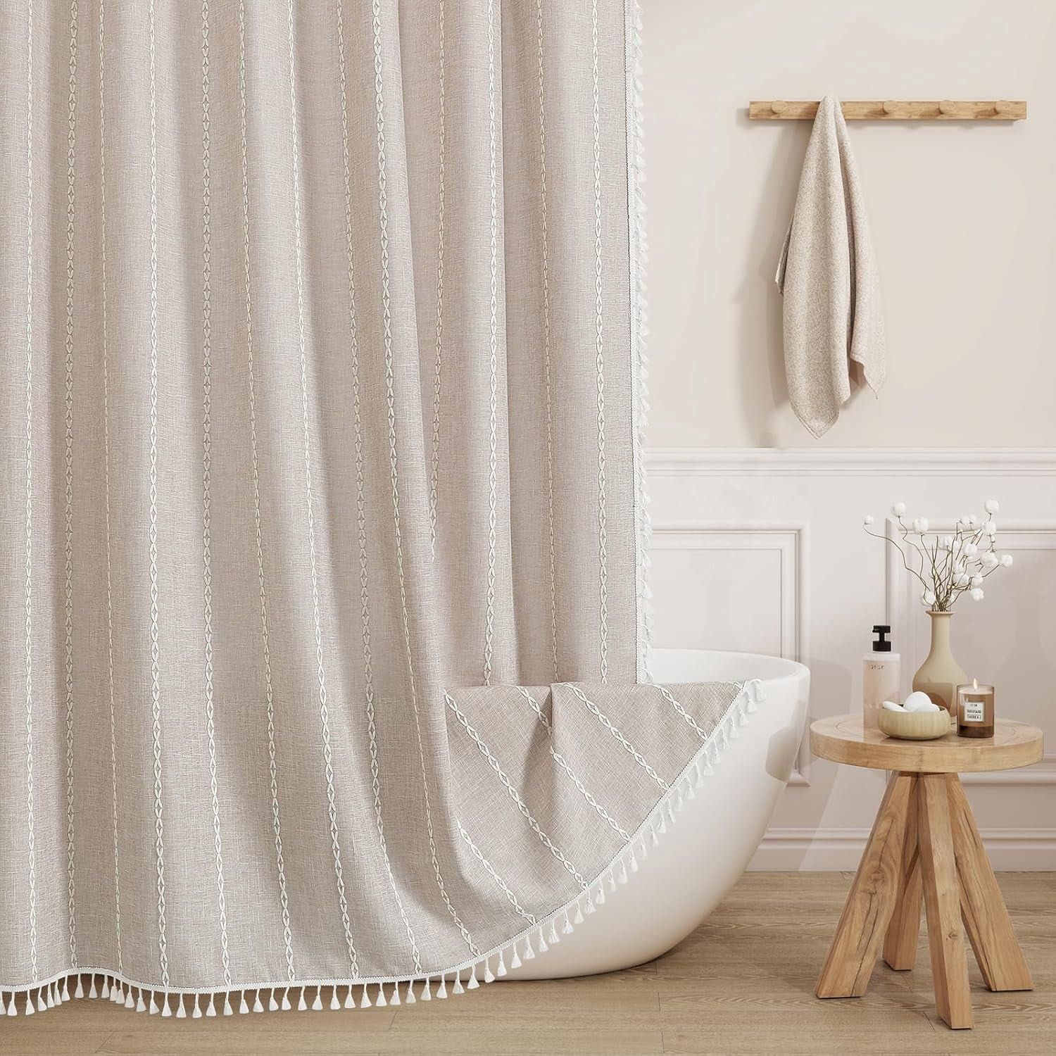 Boho Extra Long Shower Curtain 72 x 96 Inches Taupe Polyester Linen ...