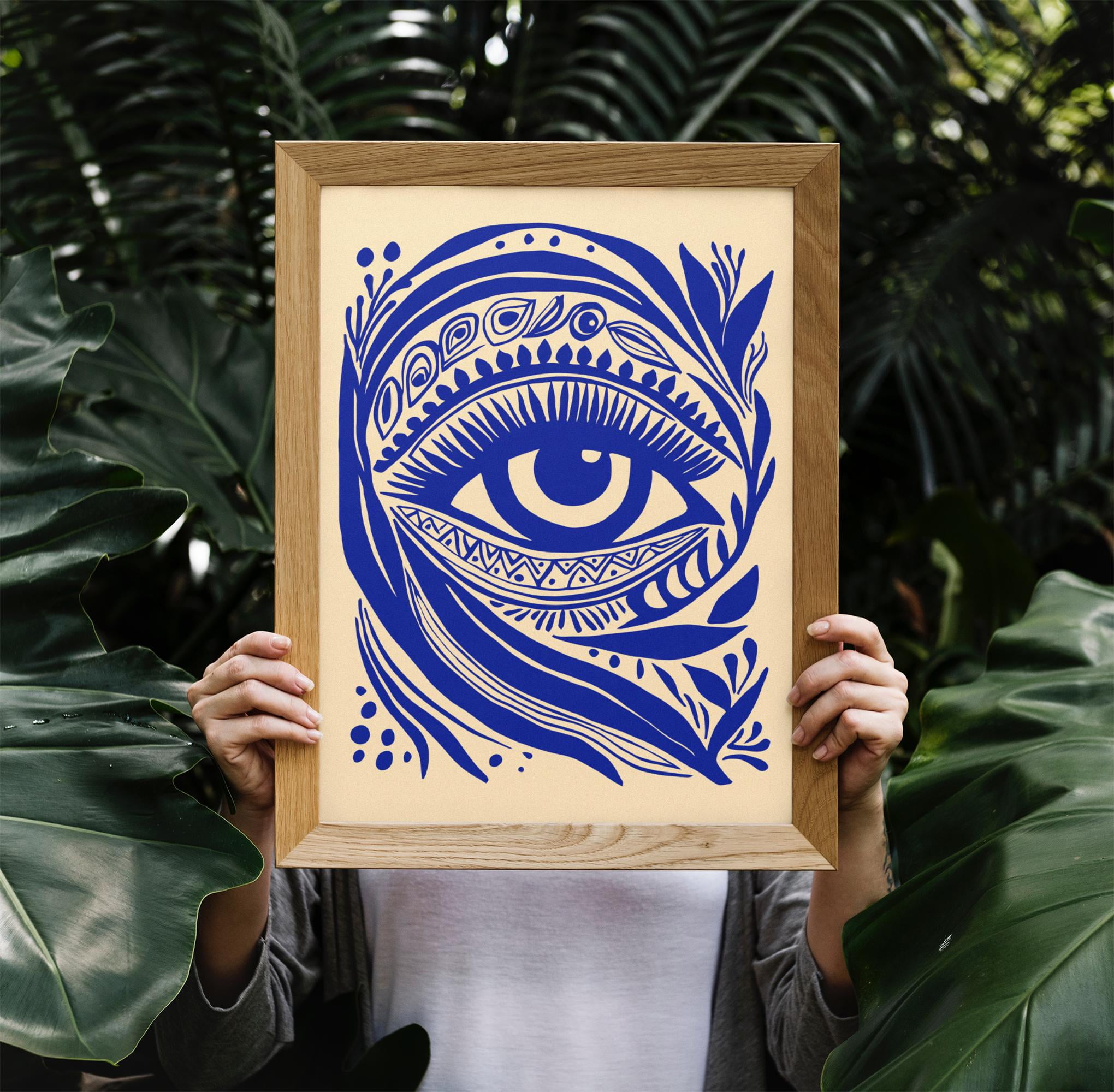 Boho Eye Art Print: Vibrant Blue Linocut Poster UNFRAMED Poster, Wall ...