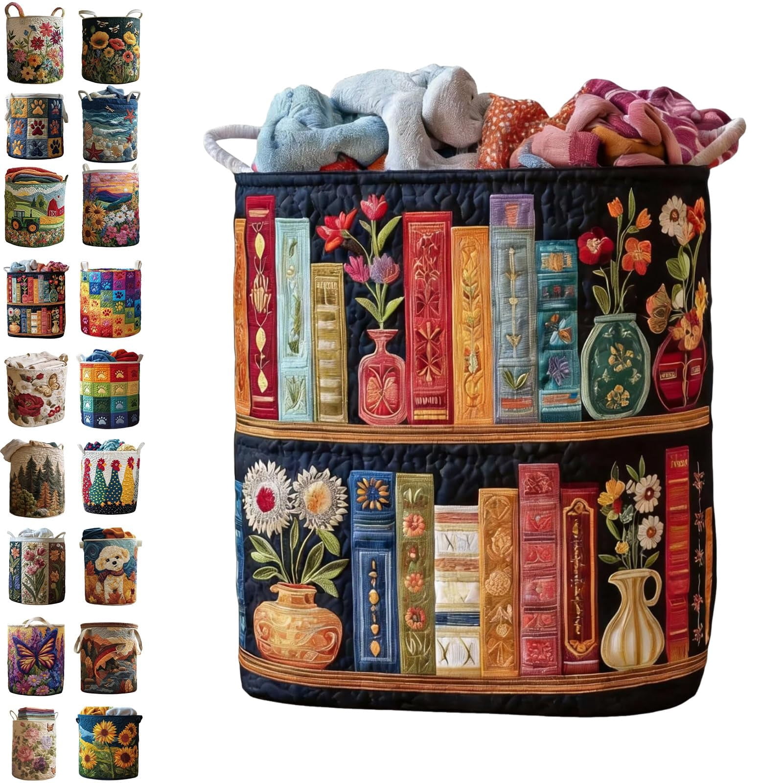 Boho Fabric Floral Storage Hamper with Handle, Quilted Laundry Basket ...