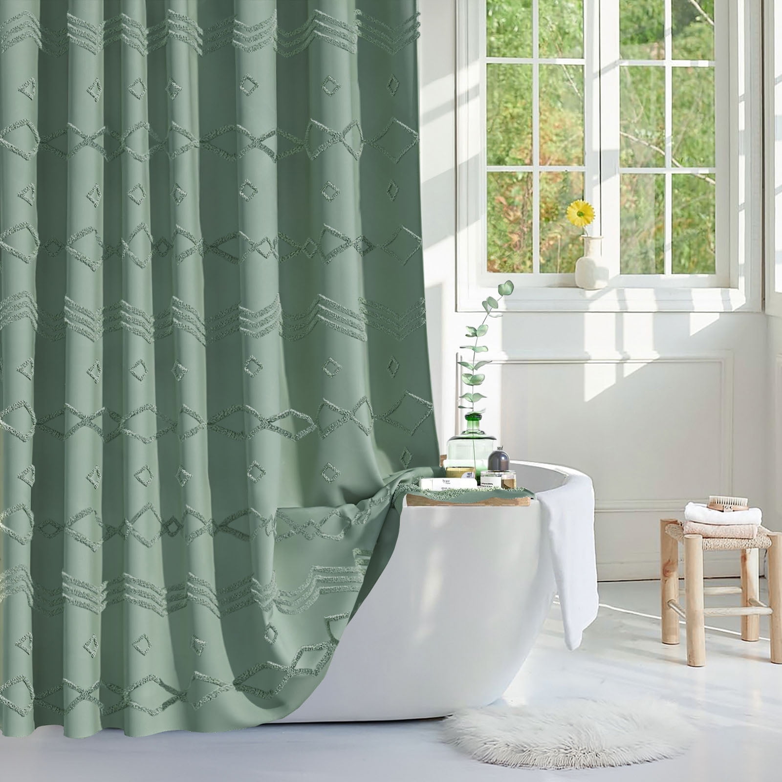 "Boho Green Striped 72"" x 72"" Polyester Shower Curtain with Hooks and ...
