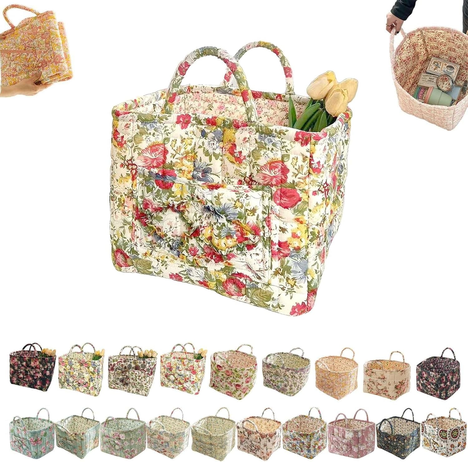 Boho Fabric Storage Basket, Boho Quilted Fabric Storage Basket, Floral ...