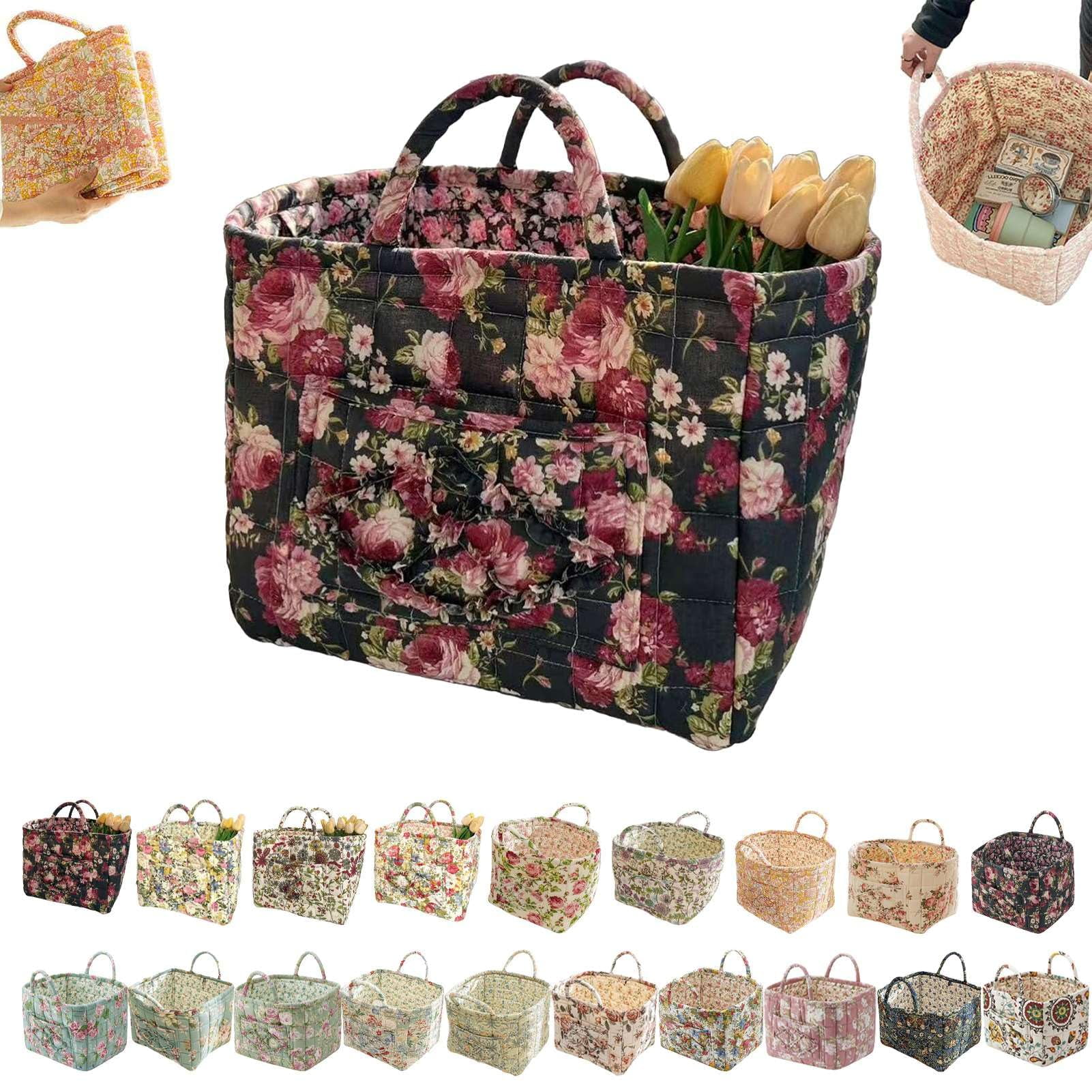 Boho Fabric Storage Basket, Boho Quilted Fabric Storage Basket, Floral ...