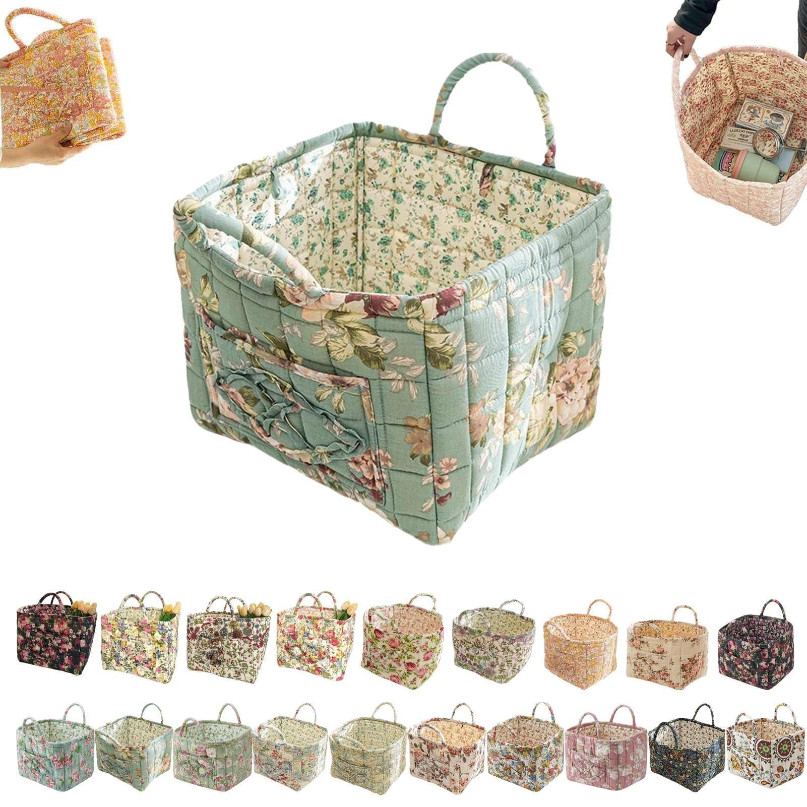 Boho Fabric Storage Basket, Boho Quilted Fabric Storage Basket, Floral ...