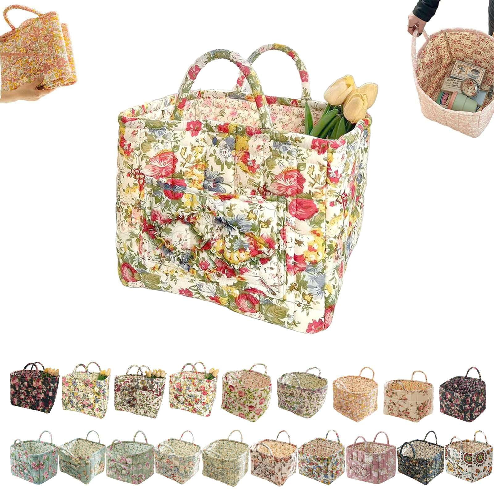 Boho Fabric Storage Basket, Boho Quilted Fabric Storage Basket, Floral ...
