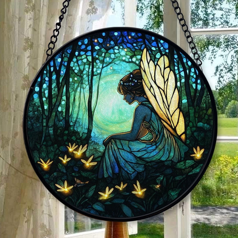 Boho Fairy and Fireflies Stained Glass Window Hanging, Suncatcher for ...
