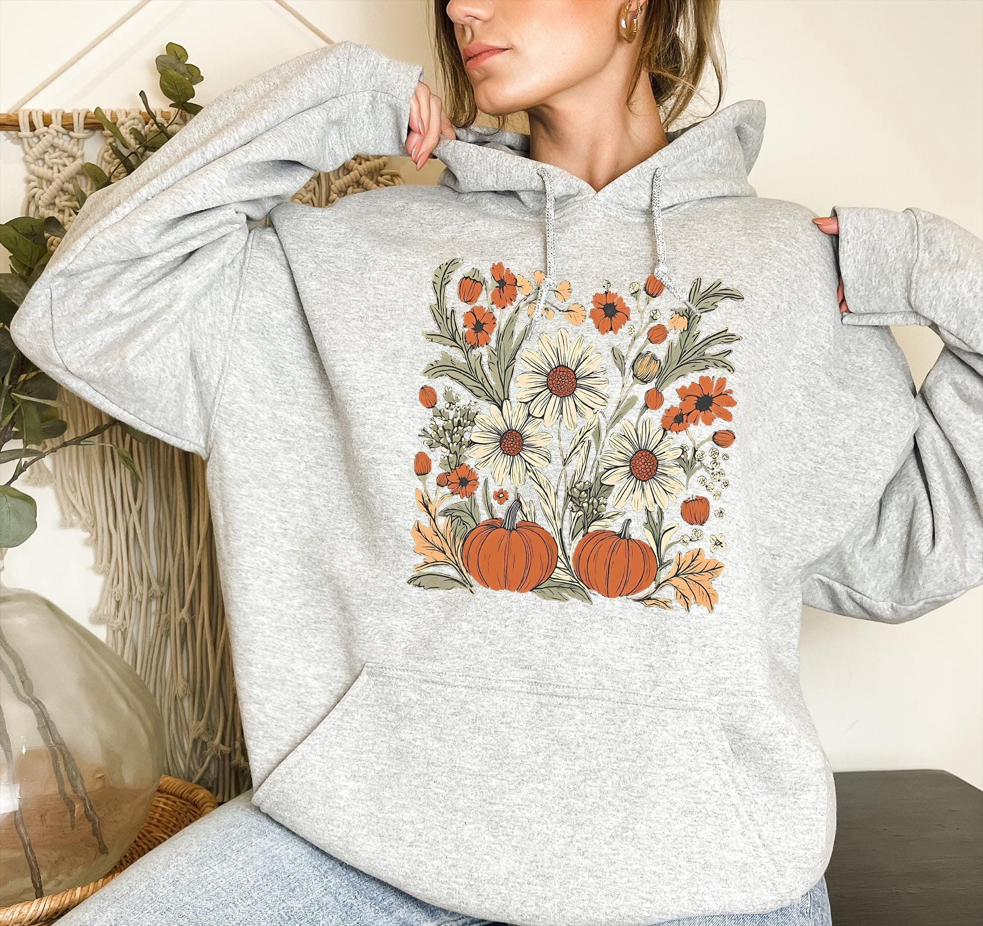 Boho Fall Floral Hoodie, Retro Fall Hoodie, Autumn Vibes Hoodie ...
