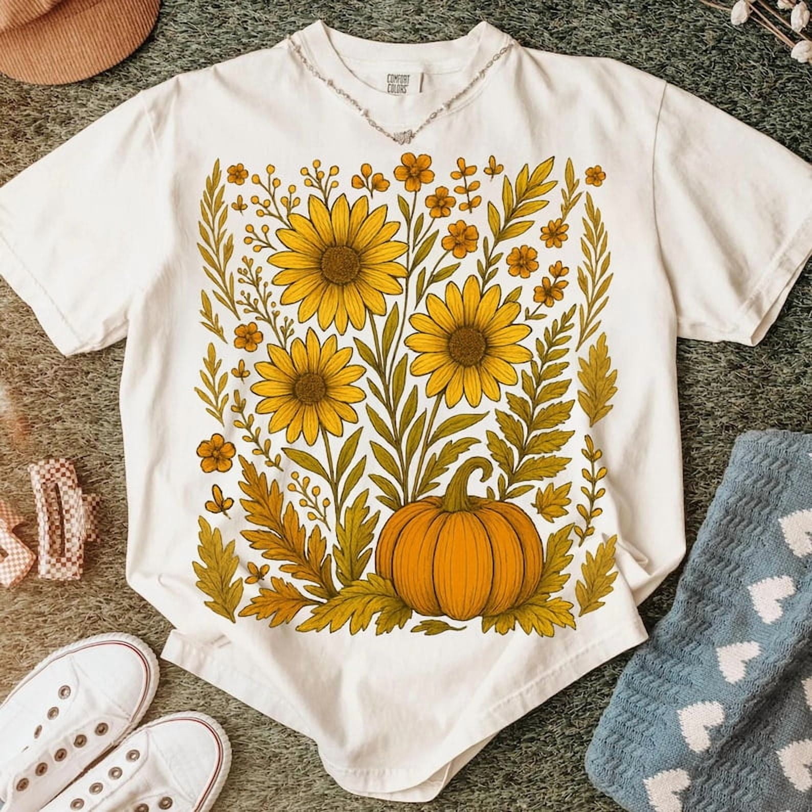 Boho Fall Floral Pumpkin, Autumn Pumpkin Wildflower Leaves, Retro Fall ...