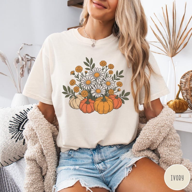 Boho Fall Floral Shirt, Retro Fall Tshirt, Pumpkin Season Graphic Tee ...