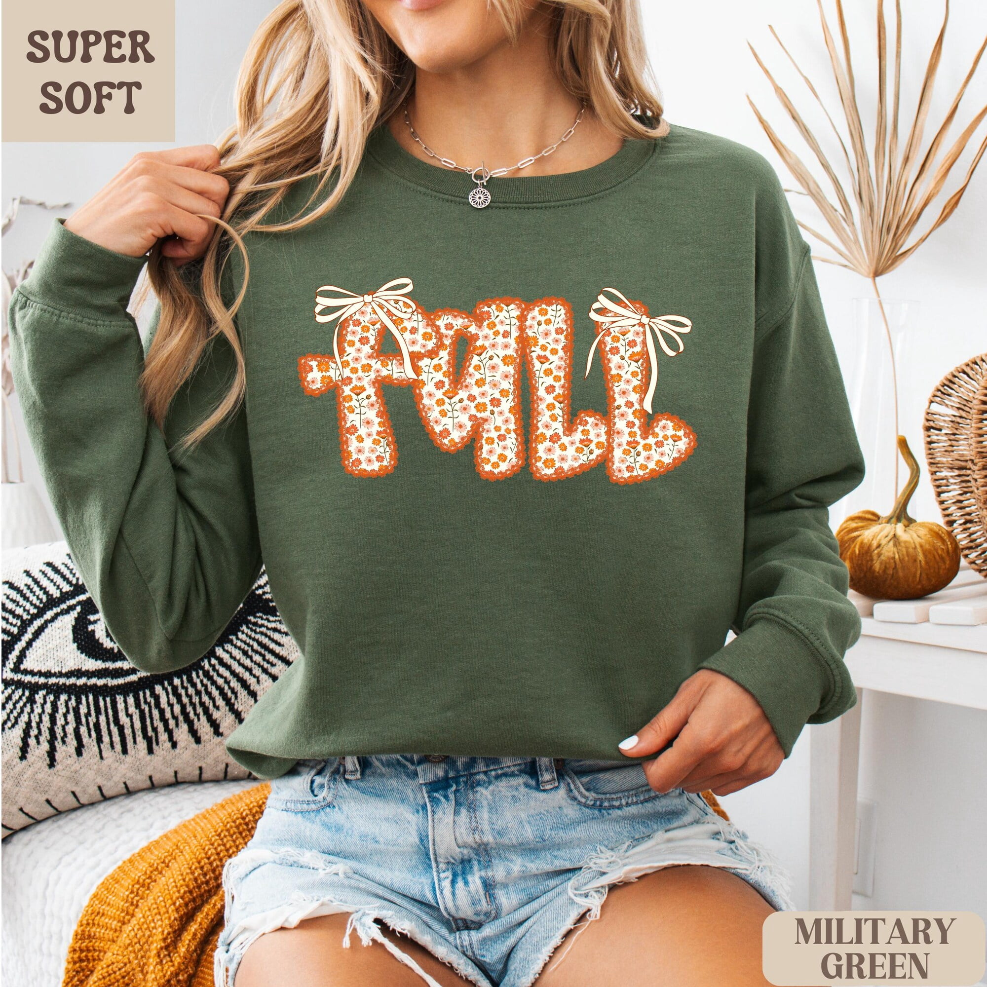 Boho Fall Floral TShirt Military Green Crewneck Autumn Letter Pullover ...