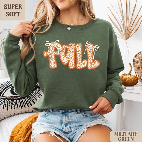 Boho Fall Floral TShirt Military Green Crewneck Autumn Letter Pullover ...