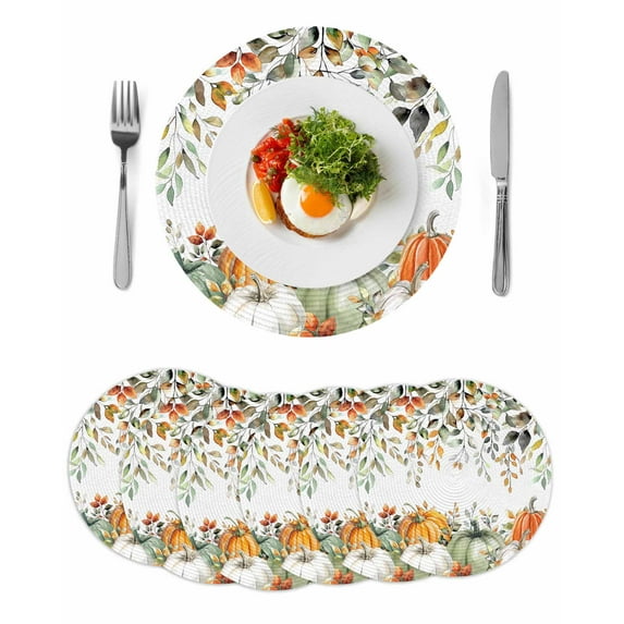 Boho Fall Thanksgiving Round Table Placemats set of 6, Orange White ...