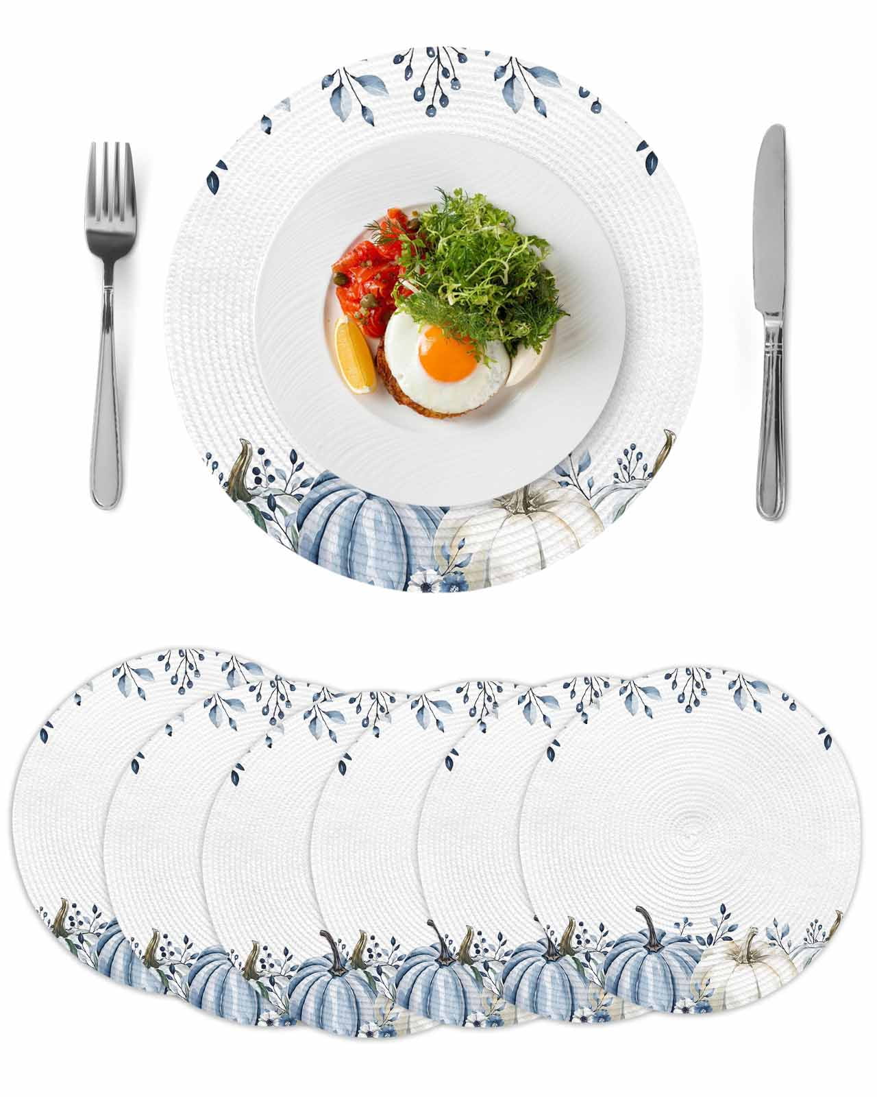 Boho Fall Thanksgiving Round Table Placemats set of 6, White Blue ...