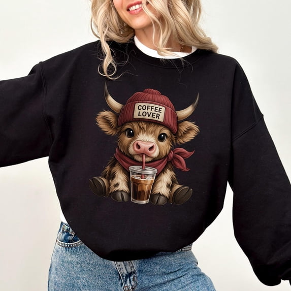 Boho Farm Highland Cow Coffee Sweatshirt Animal Design Cozy Western ...
