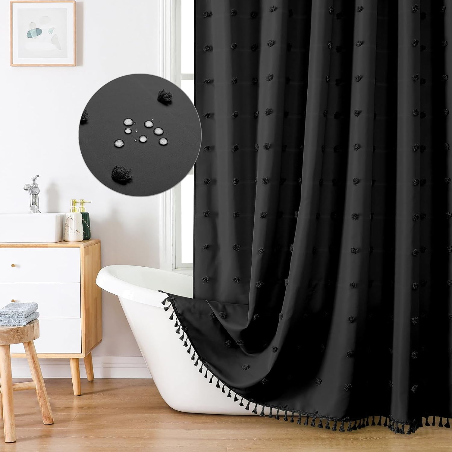 Boho Farmhouse Black Fabric Shower Curtain, 72x72 Tufted Pleat Floral ...