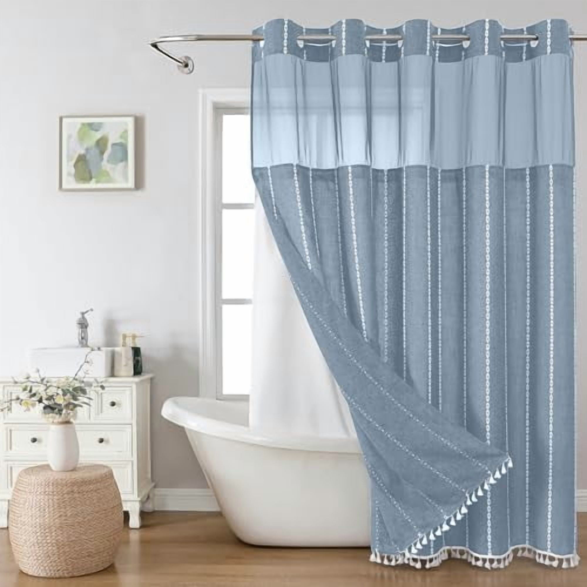 Boho Farmhouse No Hook Shower Curtain Set with Snap-in Fabric Liner ...