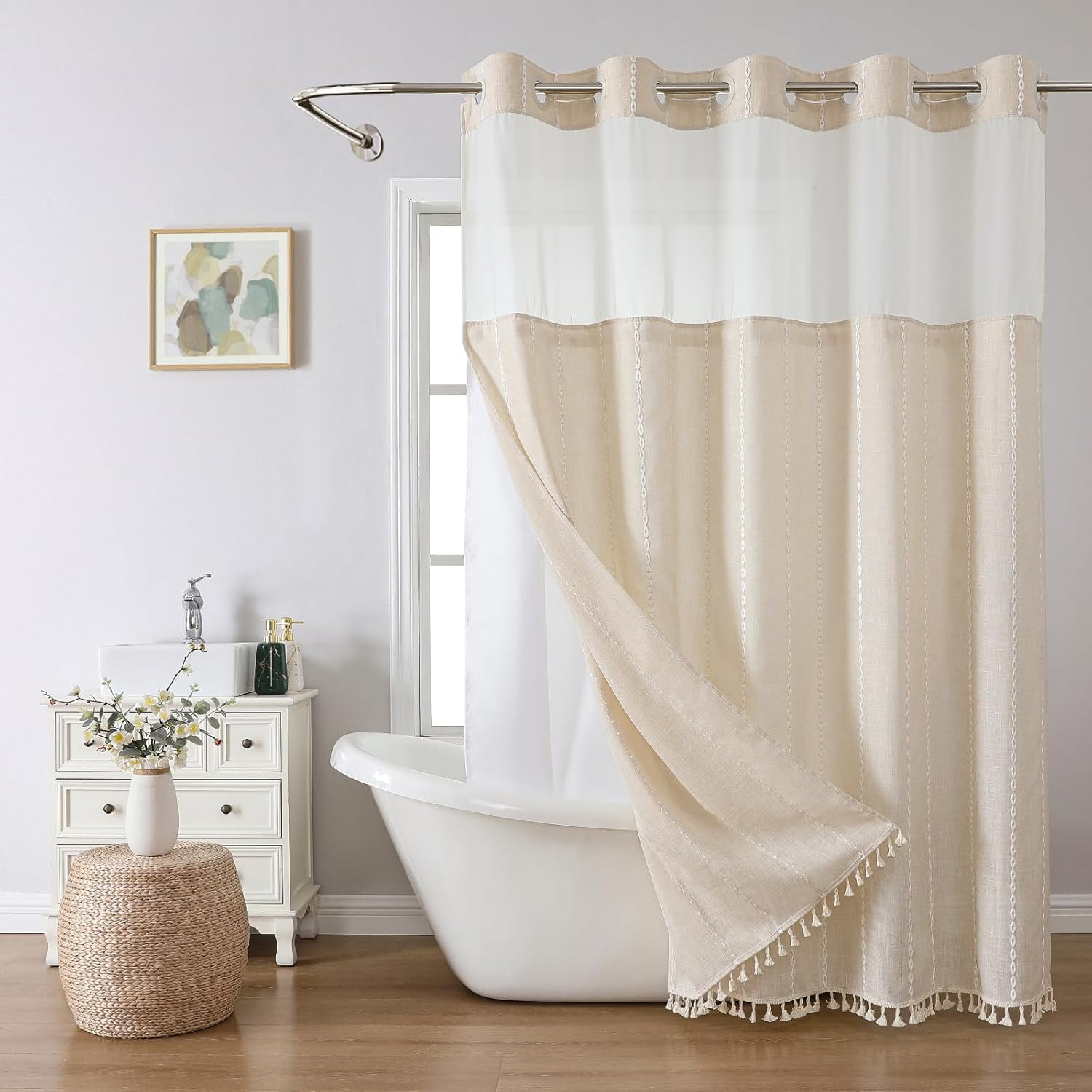 Boho Farmhouse No Hook Shower Curtain Set with Snap-in Fabric Liner ...