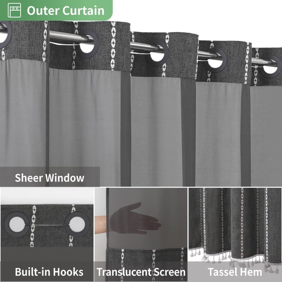 Boho Farmhouse No Hook Shower Curtain Set With Snap-in Fabric Liner ...