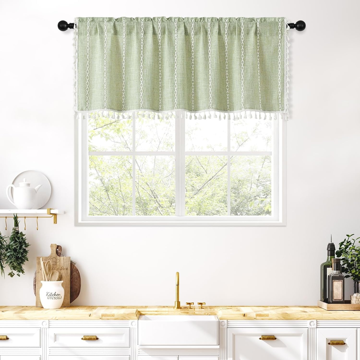 Boho Farmhouse Kitchen Valances for Windows Sage Green Country Valance ...