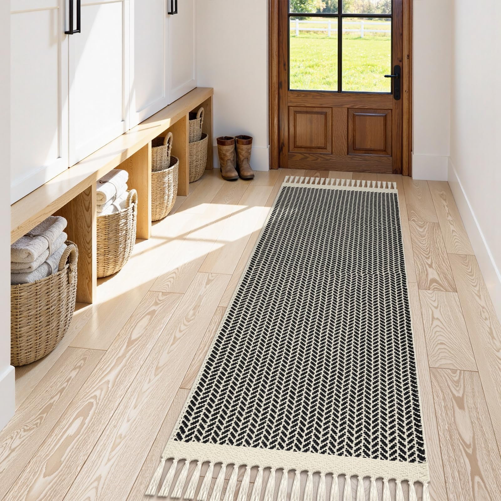 Boho Farmhouse Runner Rug 2x6, Handwoven Cotton Entryway Mat with ...