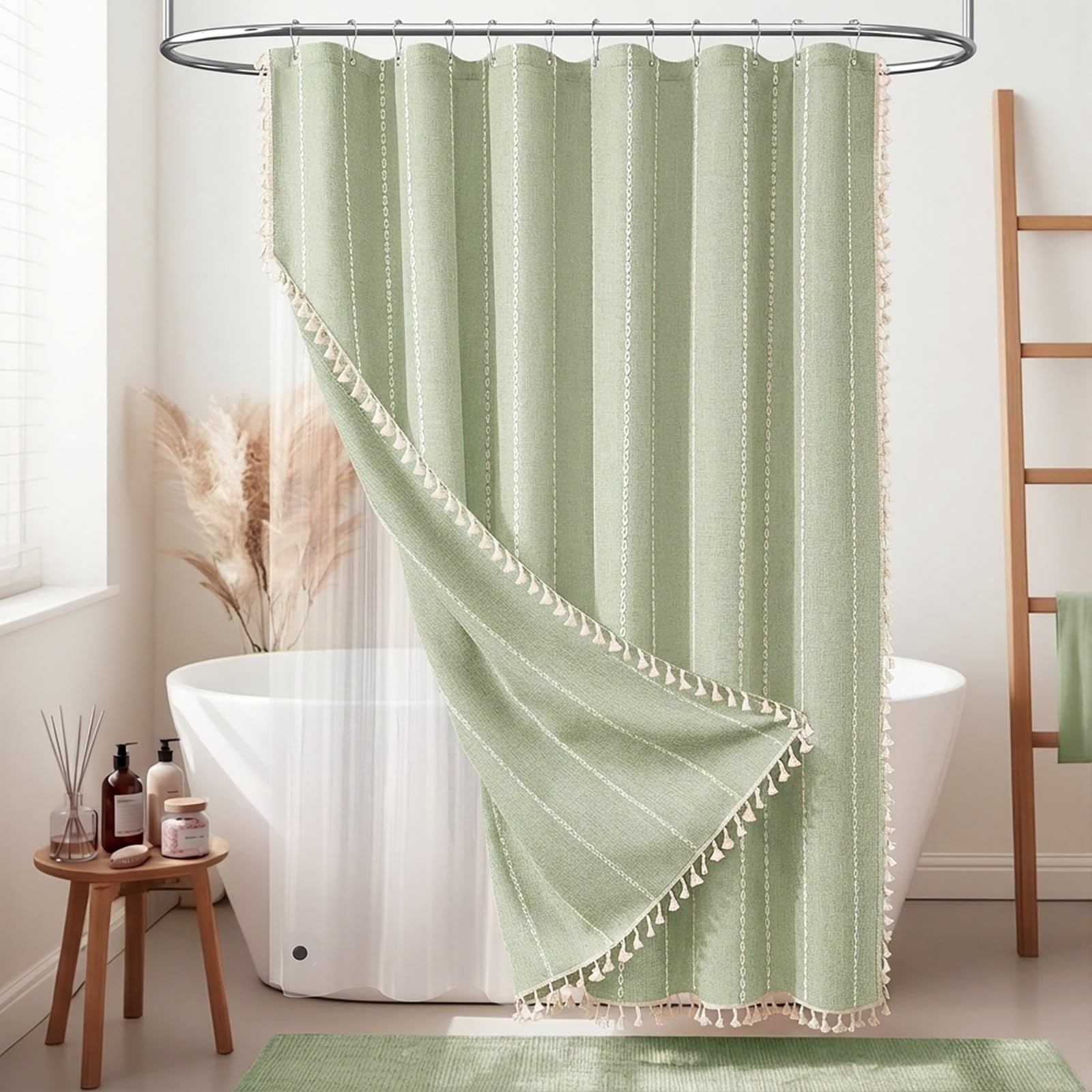 Boho Farmhouse Shower Curtain Set, Linen Rustic Weighted Striped Cloth ...