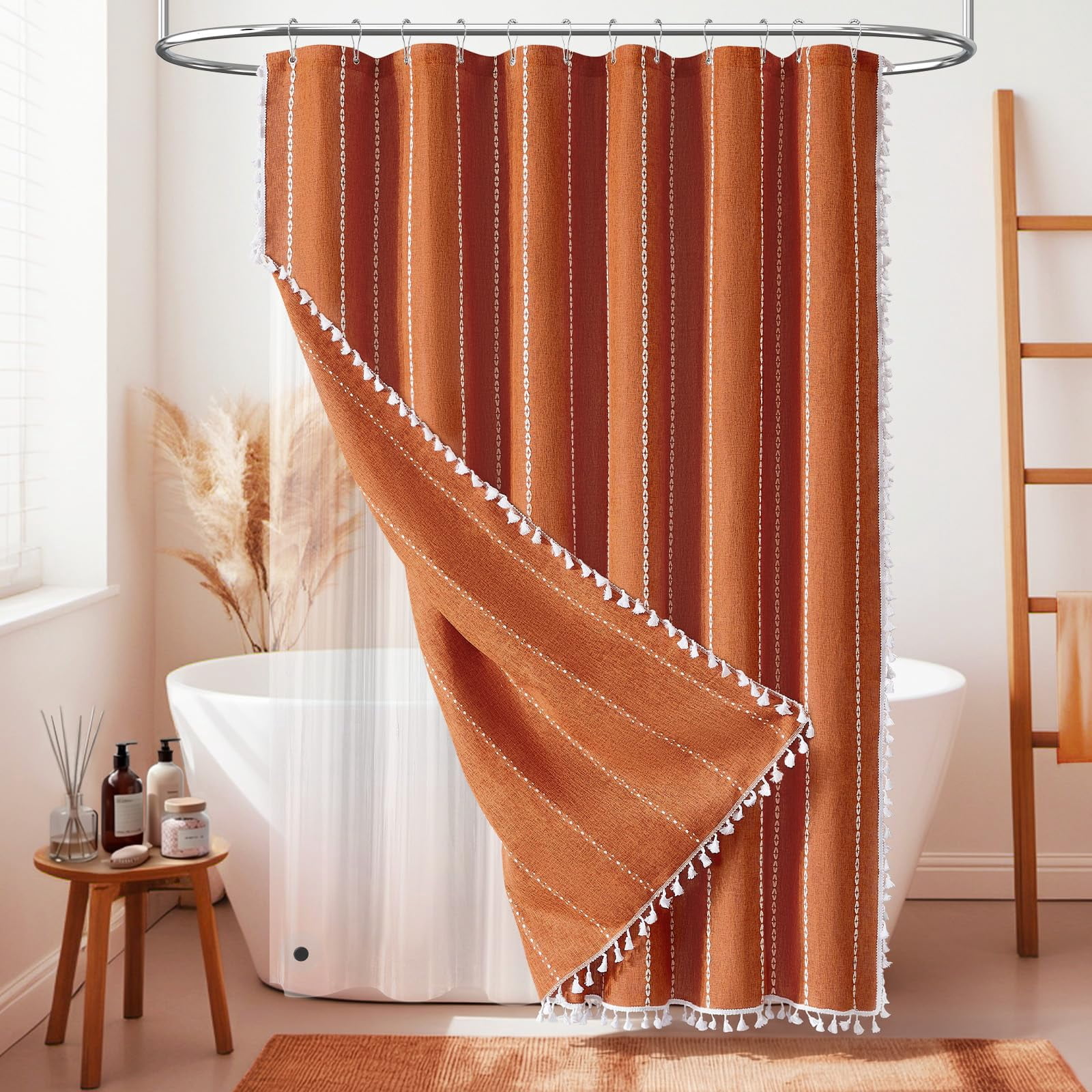 Boho Farmhouse Shower Curtain Set, Linen Rustic Weighted Striped Cloth ...