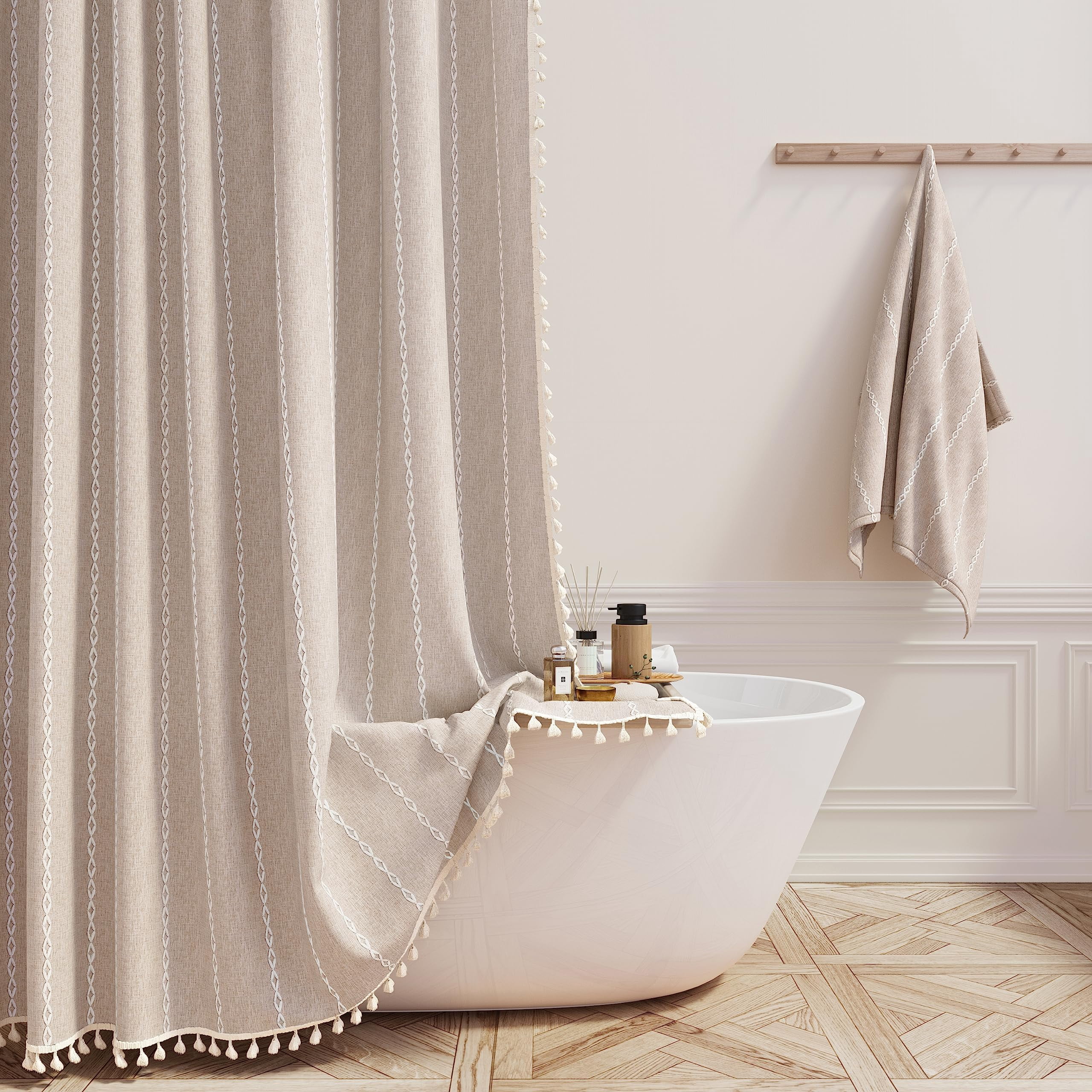 Boho Farmhouse Shower Curtain Set, Linen Rustic Weighted Striped Cloth ...