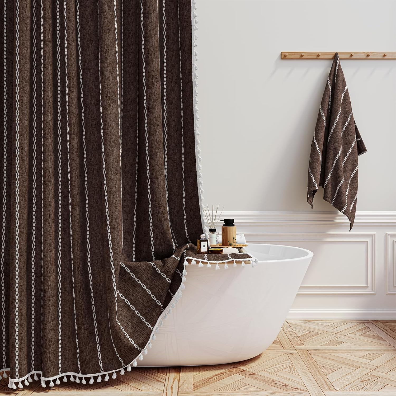 Boho Farmhouse Shower Curtain with Tassels Striped Linen Fabric Brown ...