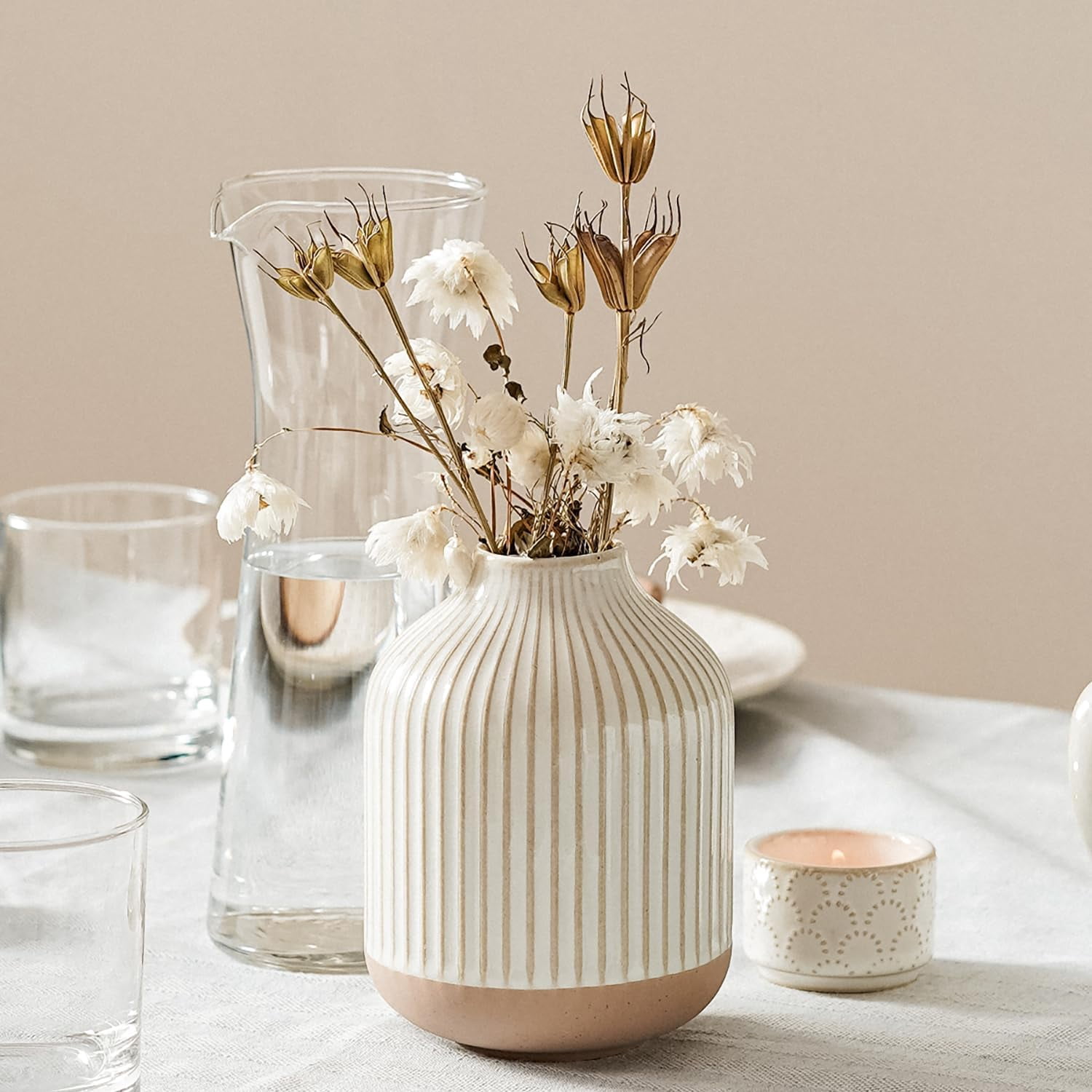 Boho Farmhouse Small Ceramic Vase for Pampas Grass & Flowers - 5.3 Inch ...