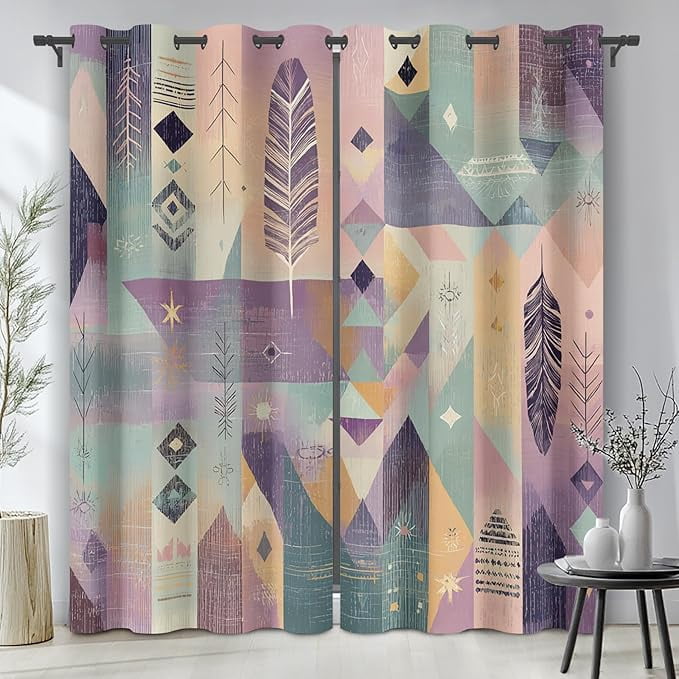 Boho Feather Blackout Curtains, Abstract Geometric Curtains for Living ...