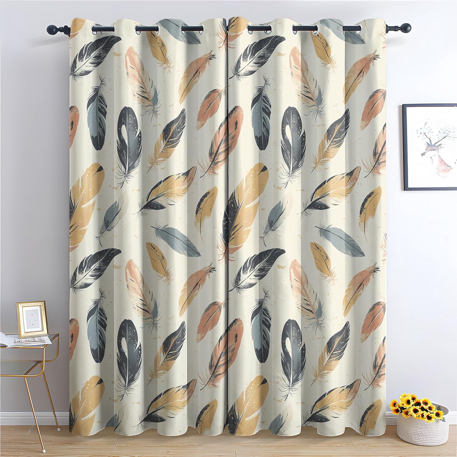 Boho Feather Blackout Curtains, Feathers Window Curtains & Bedroom ...