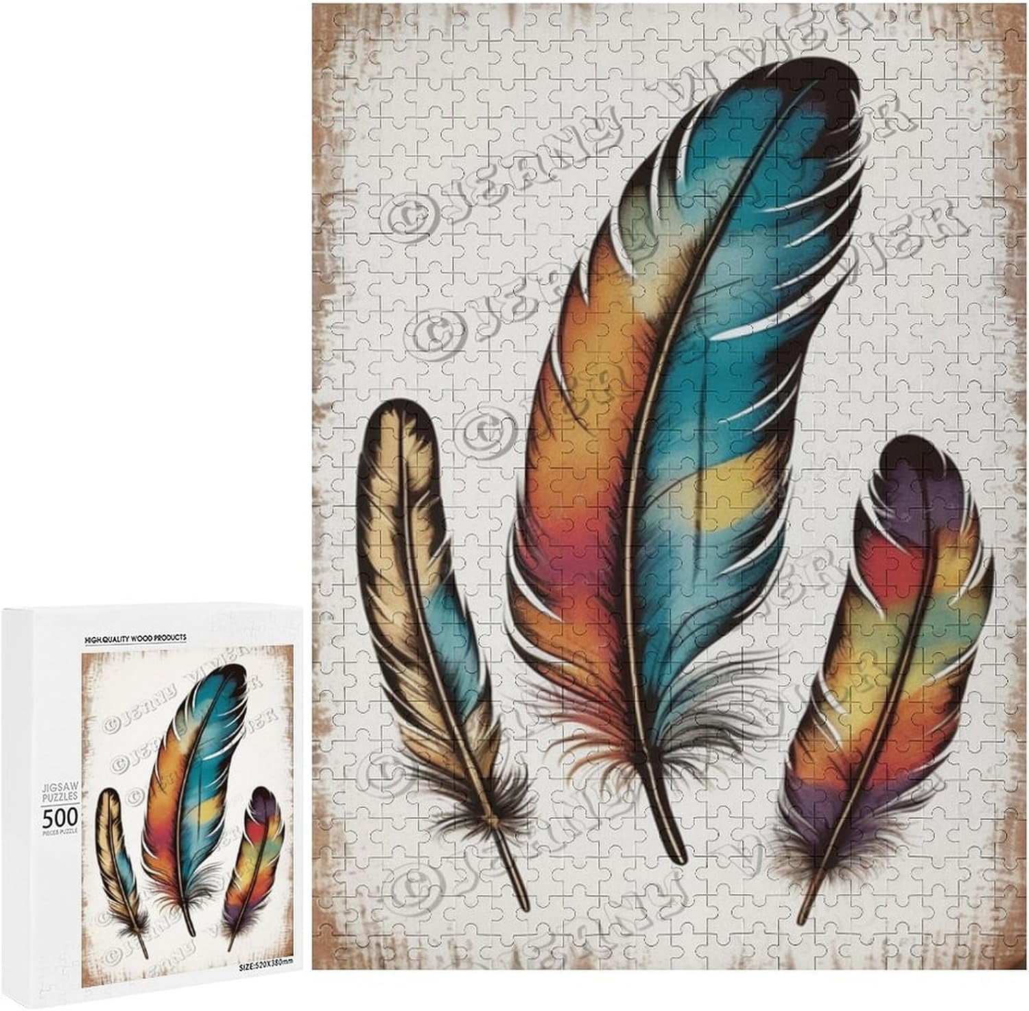 Boho Feather Decor with Rustic Charm 500 Piece Wooden Jigsaw Puzzle ...