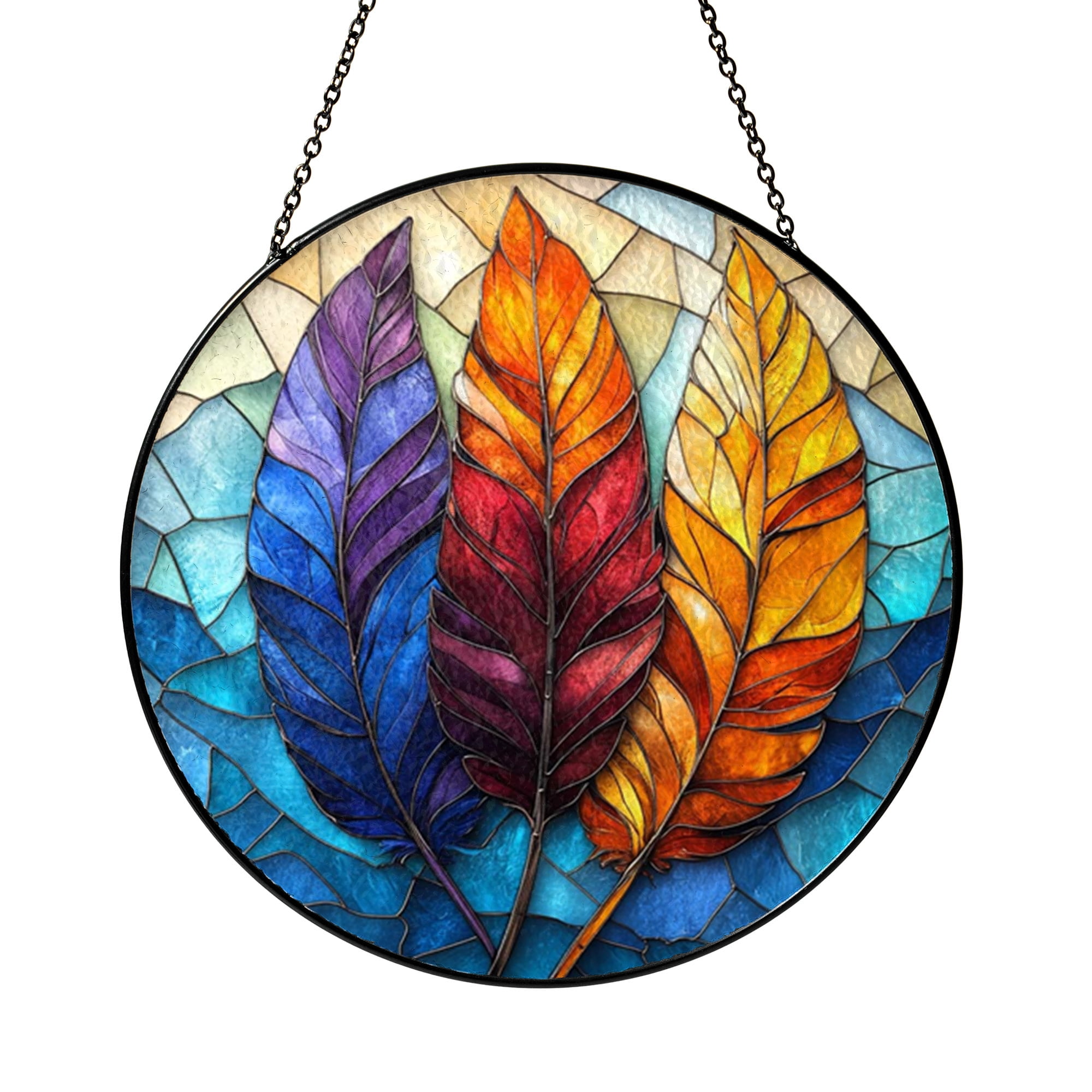Boho Feather Round Stained Glass Hanging Window Ornament, Decorative ...