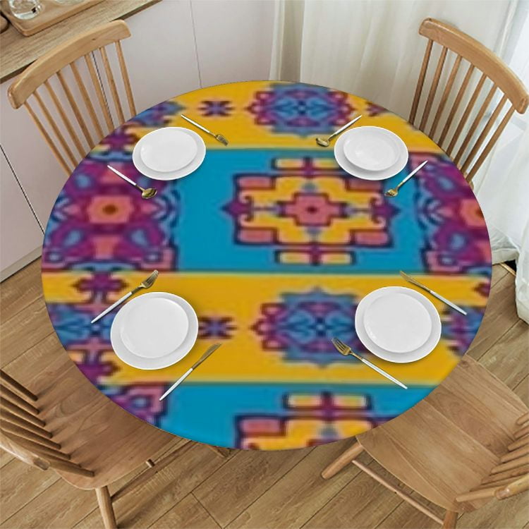 Boho Fitted Polyester Tablecloths Round, Boho Vintage Flower Elastic ...