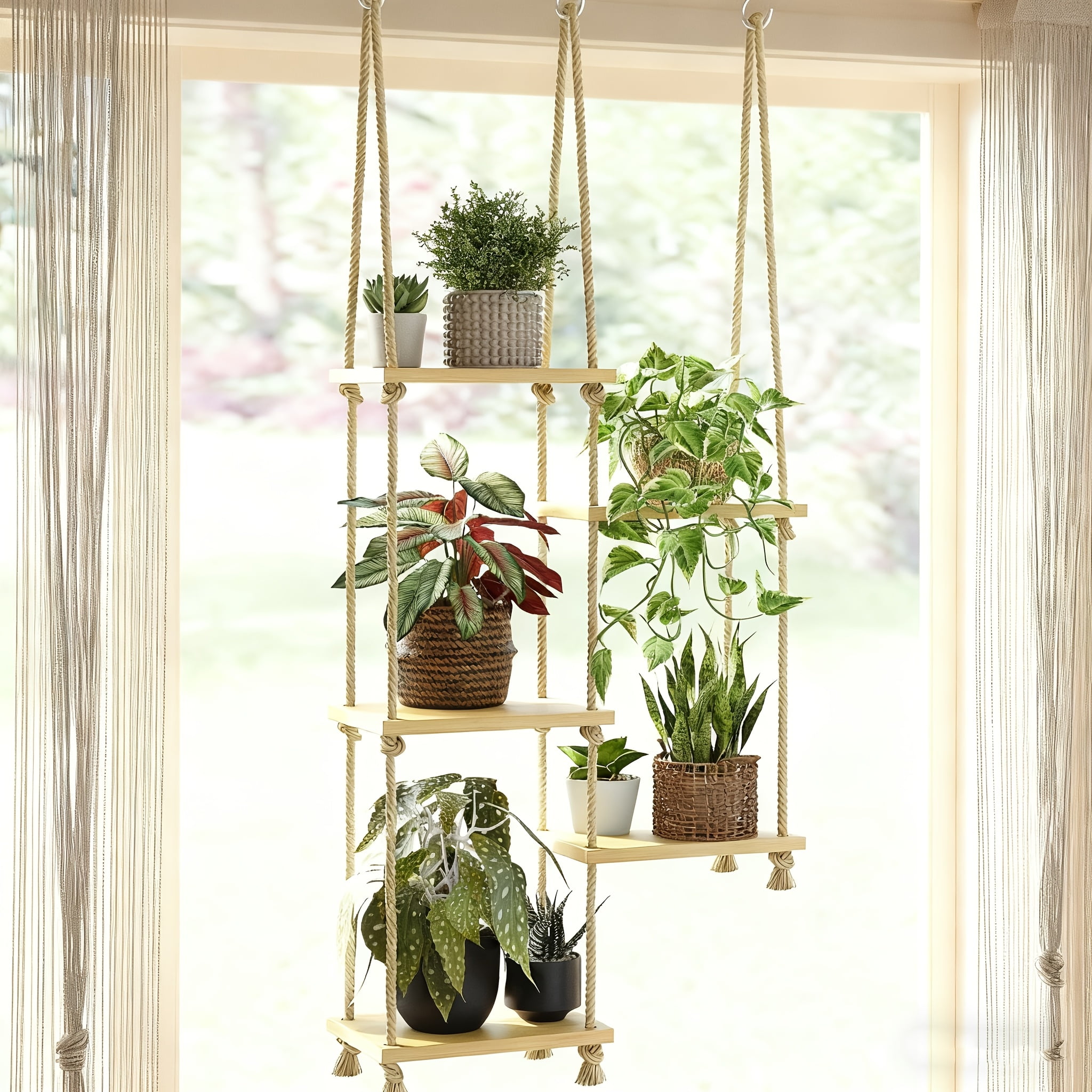 Boho Floating Window Shelves - Irregular Geometric Wood Hanging Shelf ...
