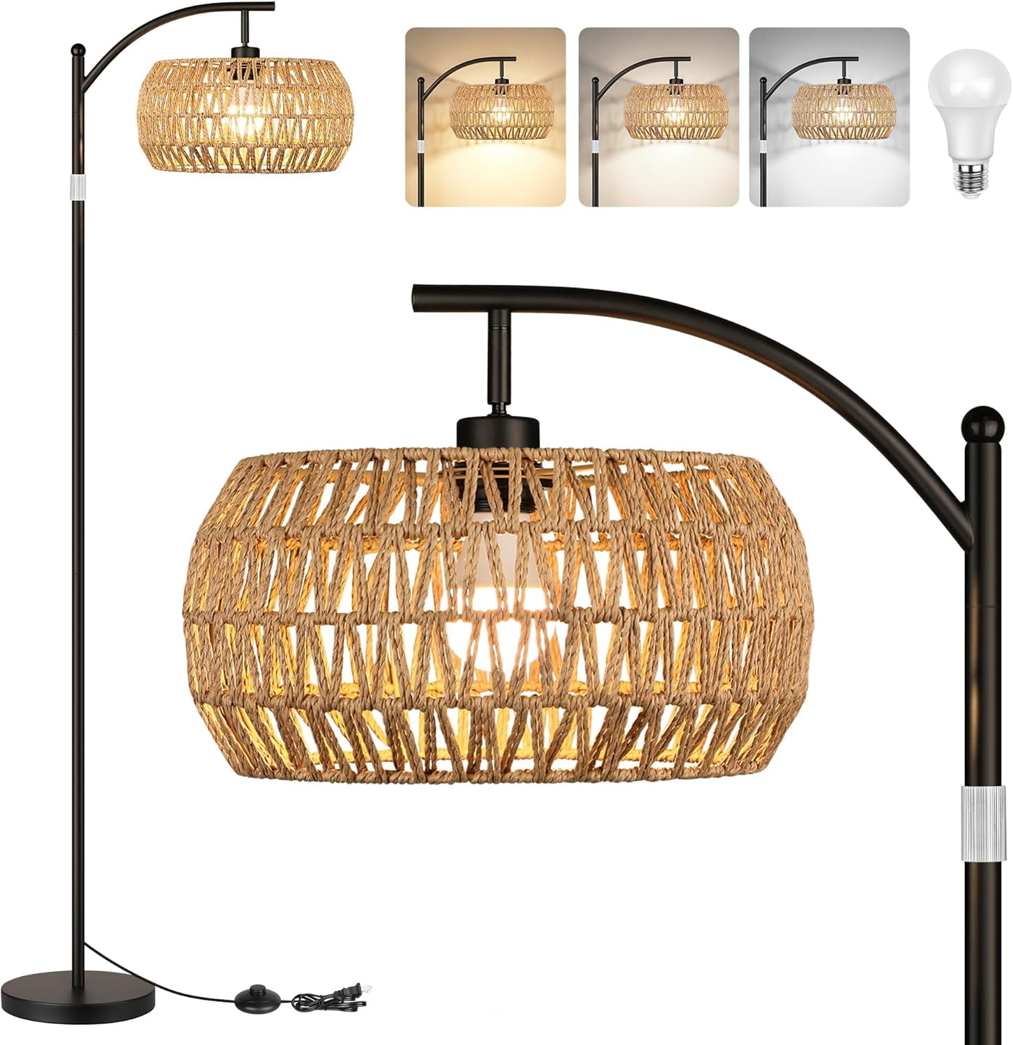Boho Floor Lamp with Dimmable Bulb, Rattan &Linen Double Shades, Boho ...