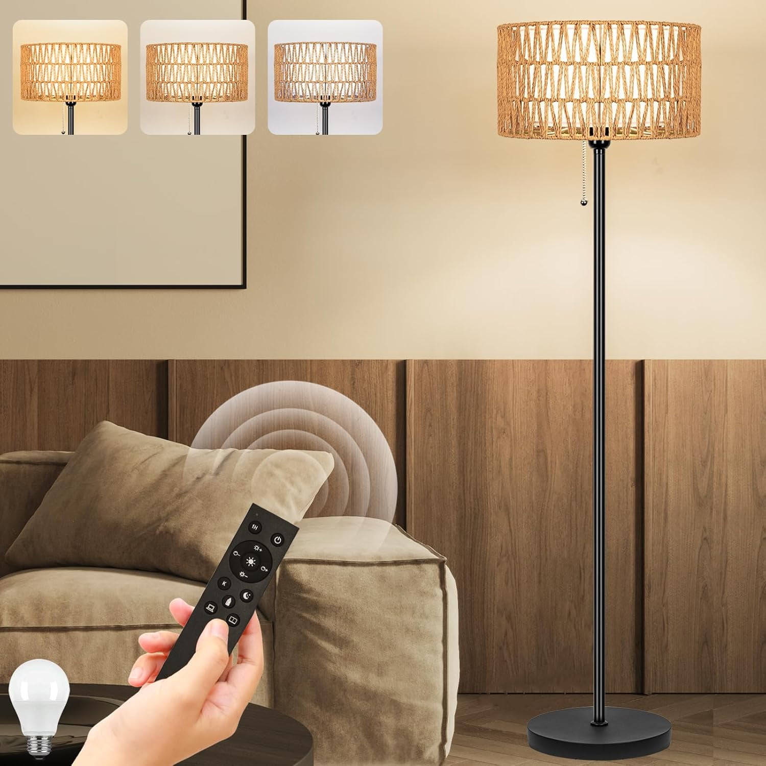 Boho Floor Lamp- Farmhouse Standing Lamp with Stepless Dimmable Bulb ...