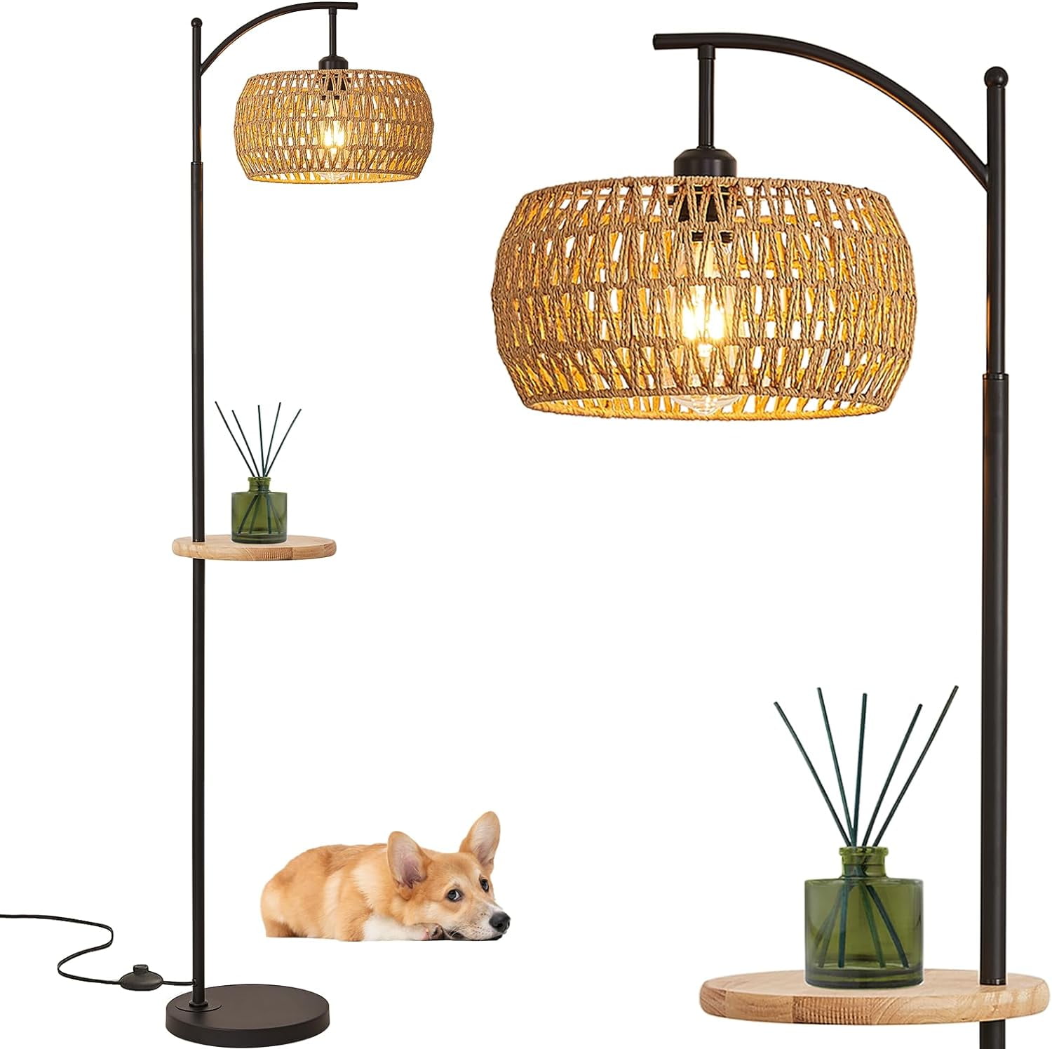 Boho Floor Lamp, Rattan Floor Lamp with Shelf, Bohemian Bamboo Wicker ...